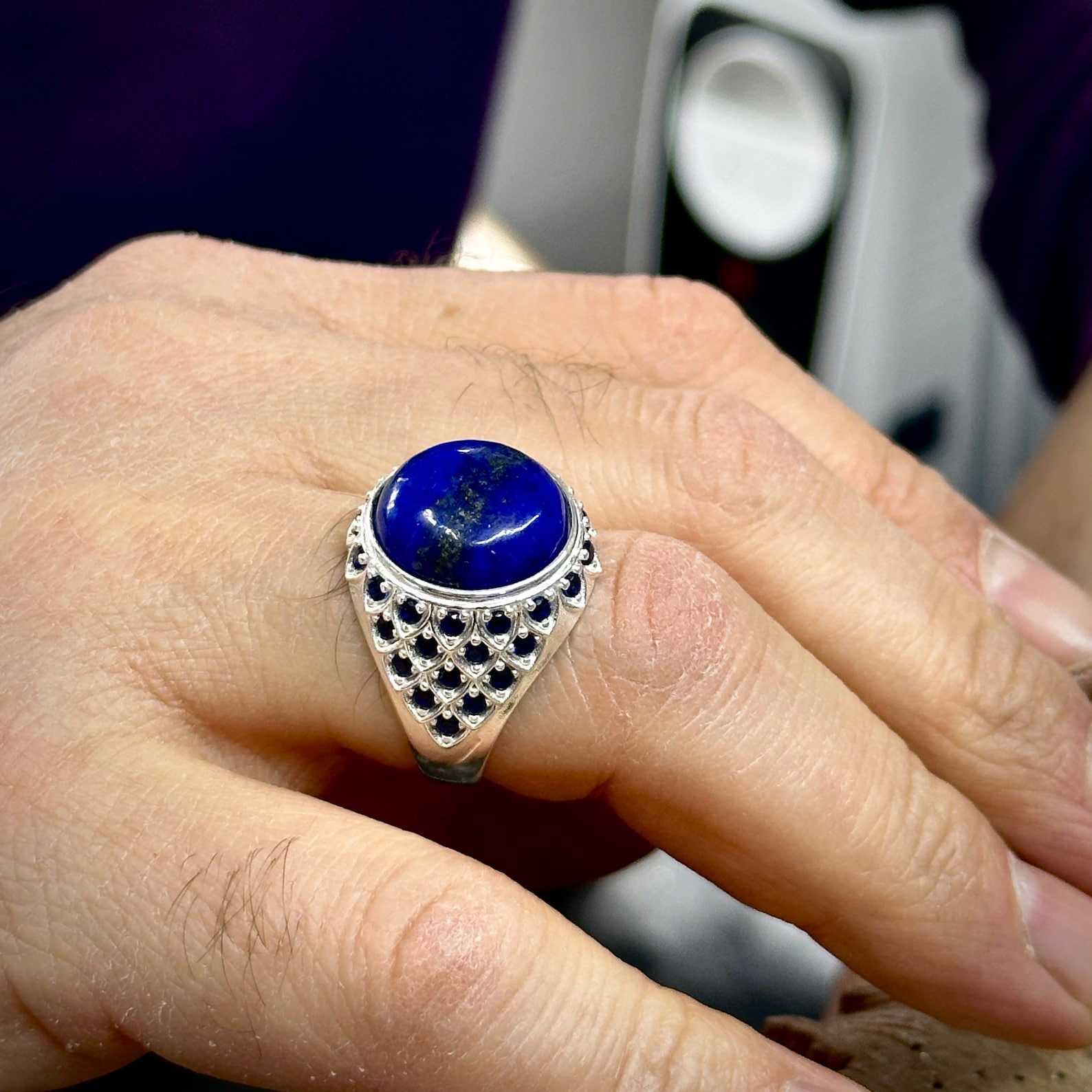 Man Lapis Lazuli Ring, Natural Lapis Signet Ring , Round Silver Ring ...