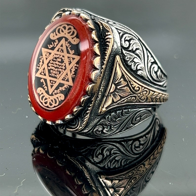 Seal of Solomon Ring , Natural Amber Stone Ring , Silver Solomon Seal ...