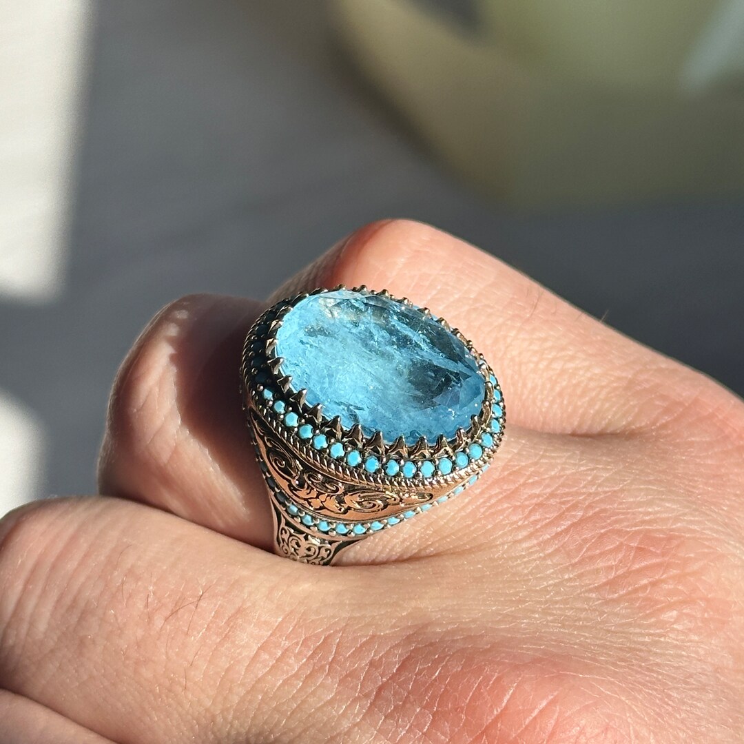 Silver Large Aquamarine Stone Ring , Ottoman Style Ring , Micro ...