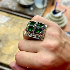 Mens Silver Green Stone Ring ,large Square Emerald Stone Ring , Unique ...