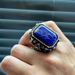 Silver Large Lapis Lazuli Ring, Natural Blue Lapis Signet Ring, Men ...