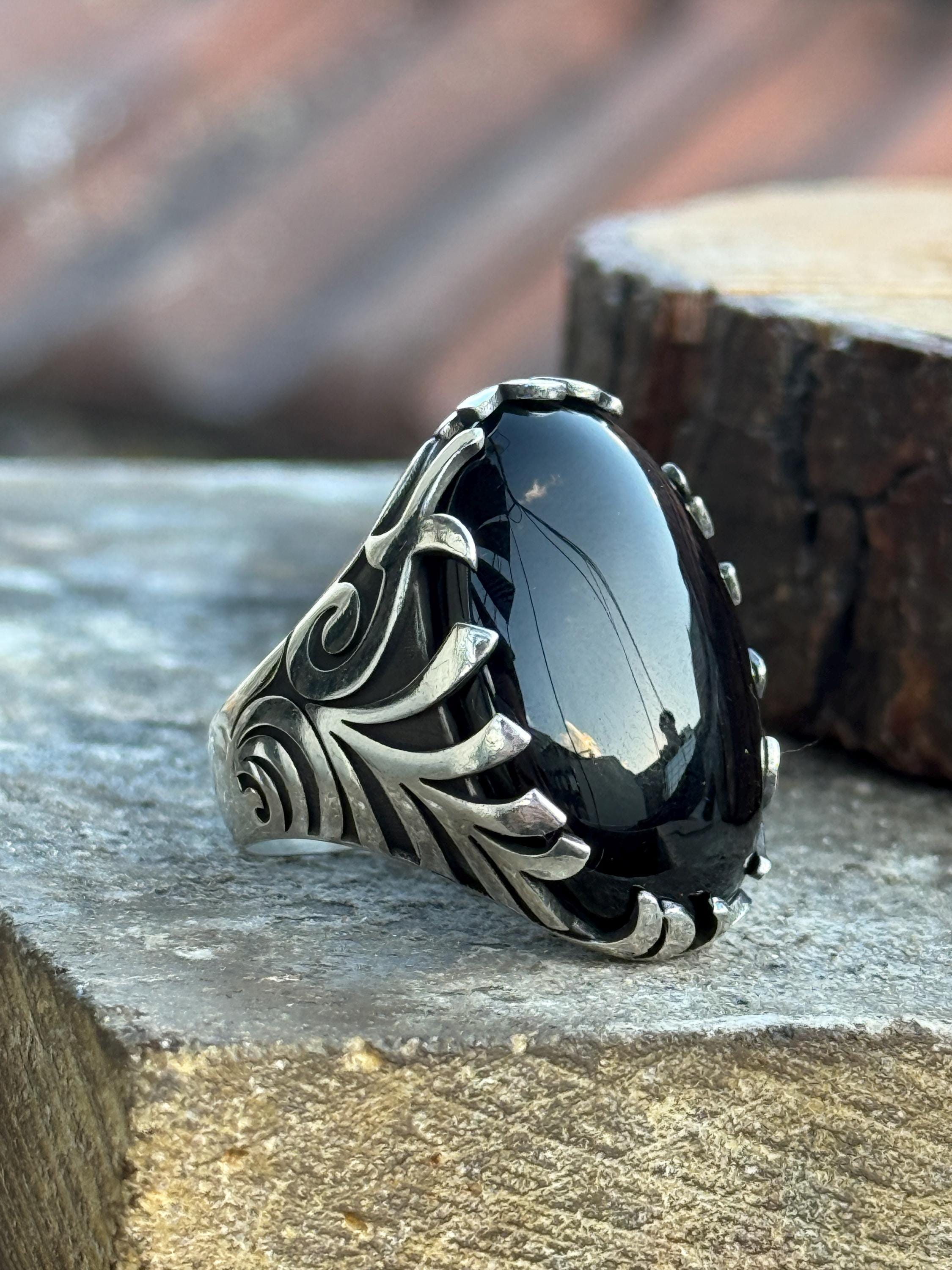 Men Large Onyx Gemstone Ring, Oval Onyx Ring, Handmade Engraved Ring ...