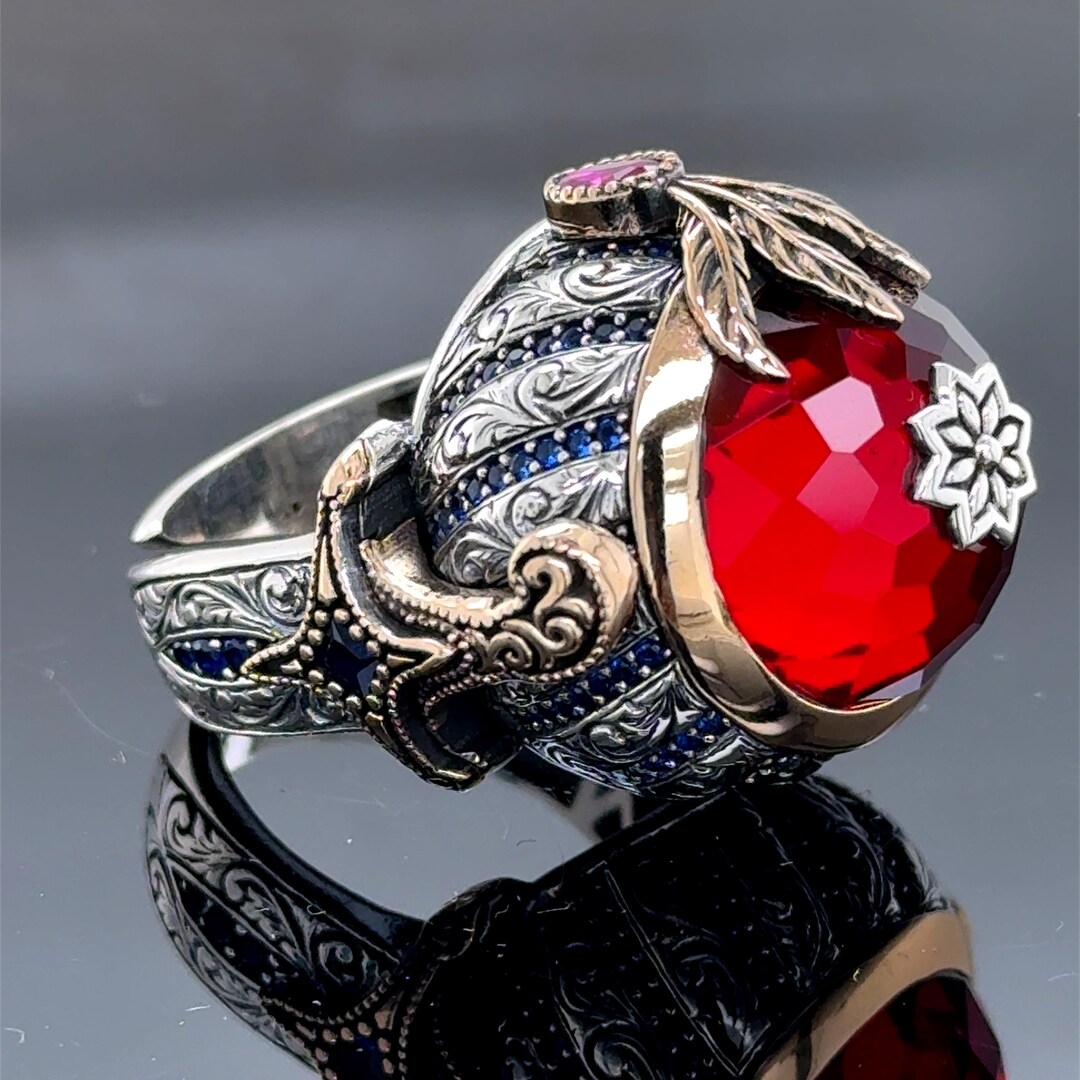 Silver Ruby Gemstone Sword Ring, Turkish Handmade Sultan Ring, Sapphire ...