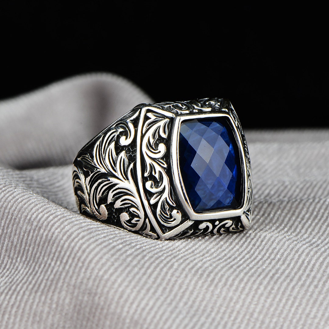 Men Blue Stone Ring , Sapphire Stone Ring , Zircon Turkısh Handmade ...