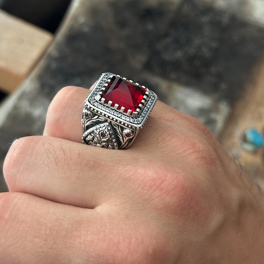 Ruby Stone Ring , Man Ruby Stone Silver Ring ,red Stone Ring ...