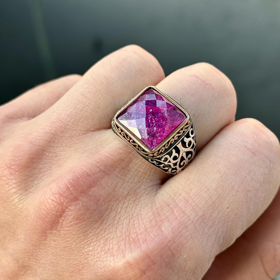 Men Silver Engraved Ruby Stone Ring, Square Ruby Stone Ring, Ottoman ...