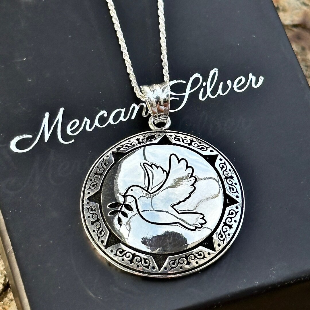 Silver Dove Bird Necklace , Dainty Peace Dove Pendant , Handmade Medallion Dove Necklace ...