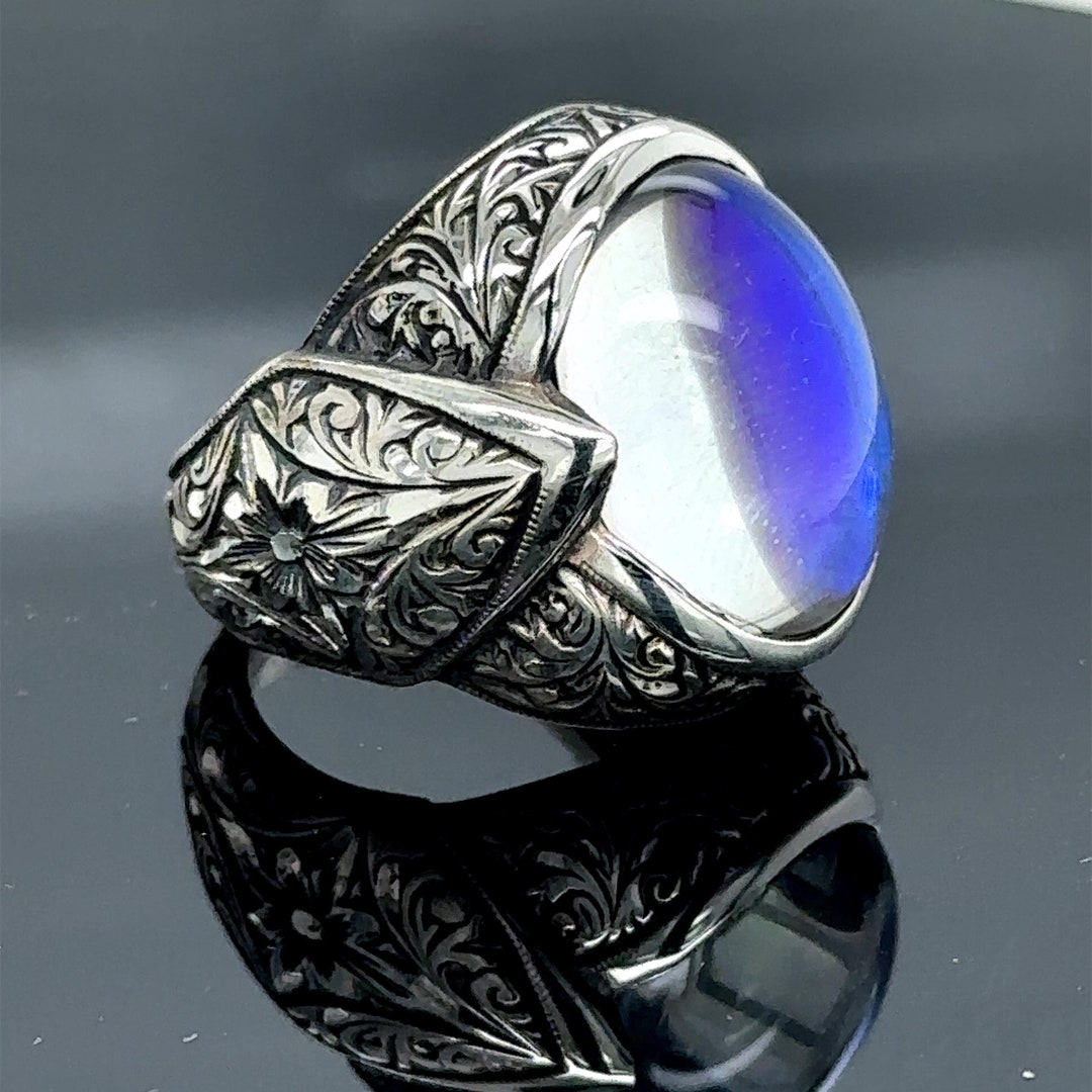 Silver Moonstone Ring , Man Handmade Moonstone Ring , Rainbow Moonstone ...