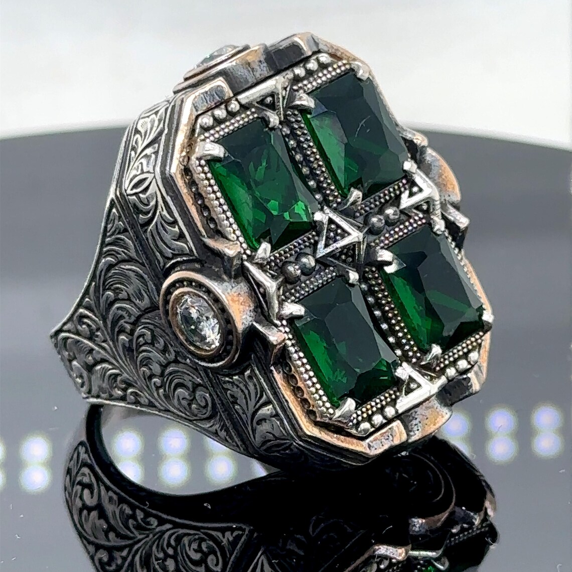 Silver Square Large Green Stone Ring , Square Emerald Stone Ring ...