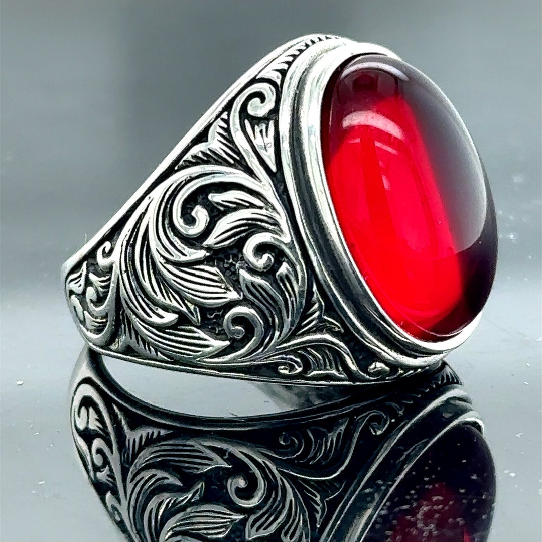 Silver Ruby Stone Ring , Engraved Men's Ring , Men Handmade Ruby Stone ...