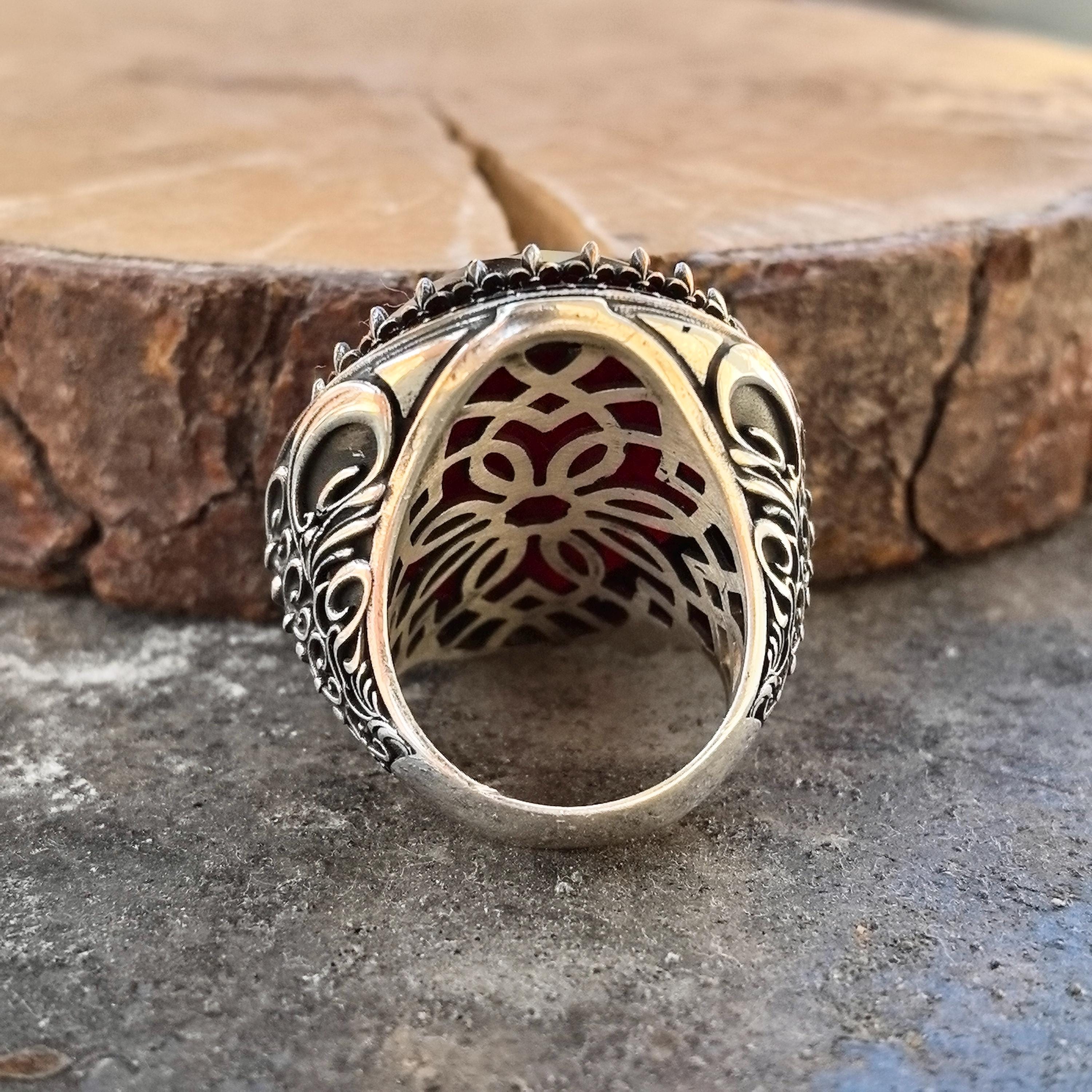 Men Silver Large Ruby Ring, Ottoman Style Large Garnet Ring, Ottoman ...
