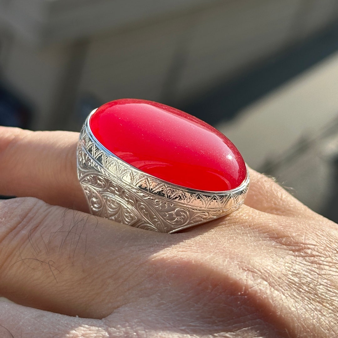 Man Silver Large Red Jade Stone Ring , Ottoman Style Engraved ...