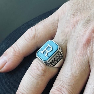 Personalized Turquoise Men Ring , Men's Letter Ring , Custom Initial ...
