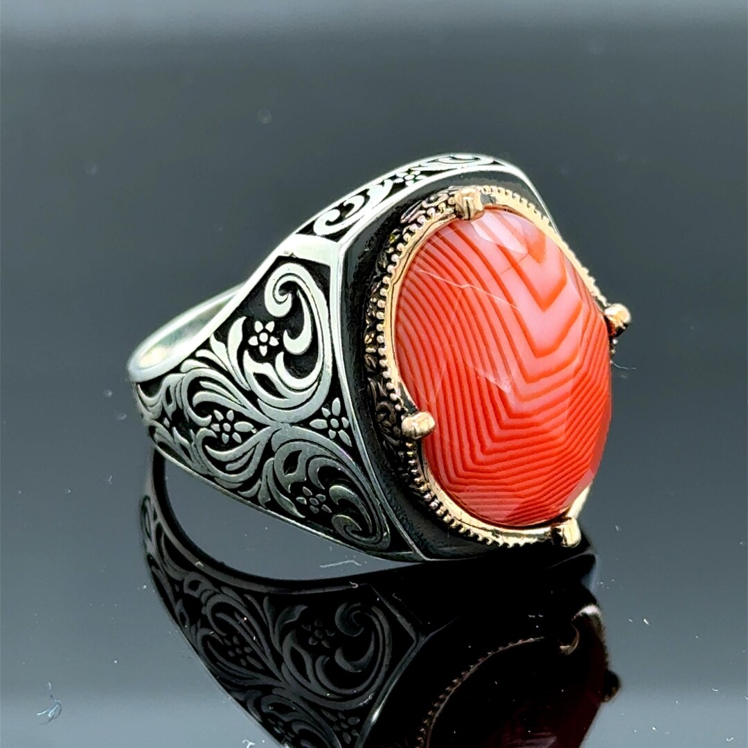Silver Yemen Agate Stone Ring , Red Aqeeq Carnelian Ring, Handmade Men ...