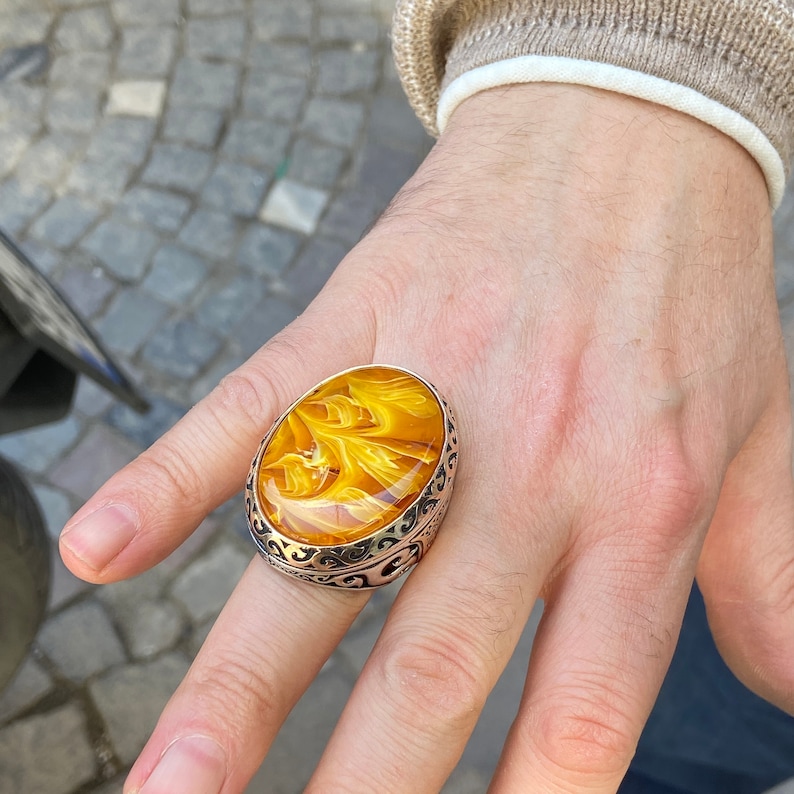 Man Silver Large Amber Stone Ring , Baltic Amber Ring , Turkish Silver ...