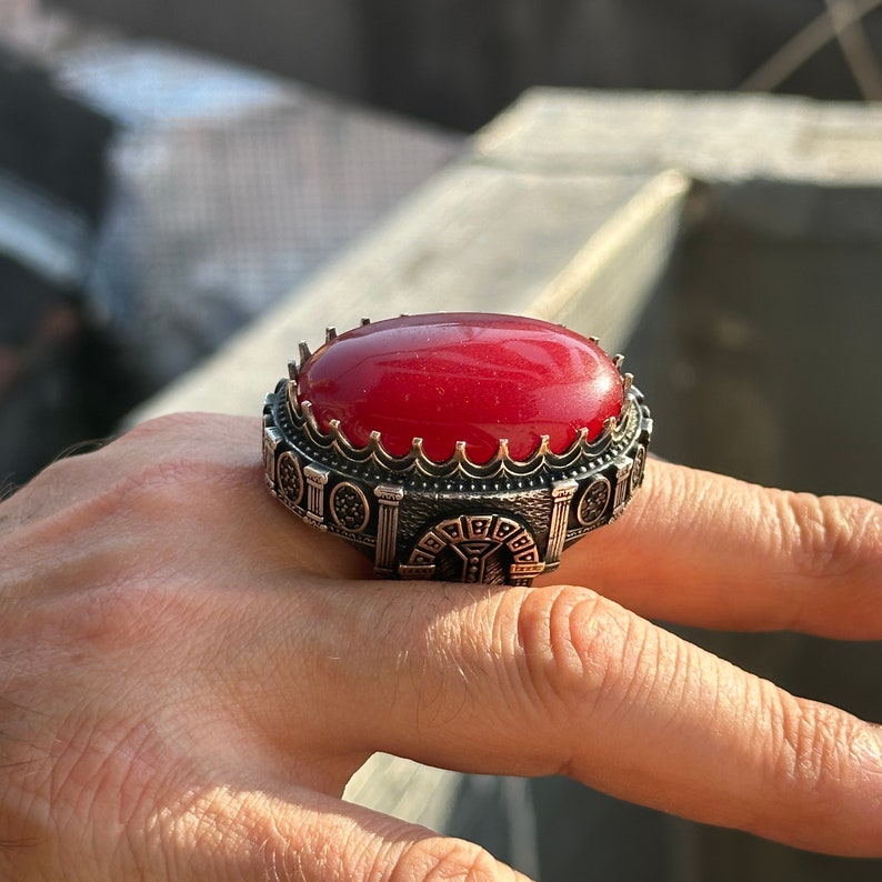 Silver Red Jade Stone Ring, Man Silver Ottoman Large Ring, Large Jade ...