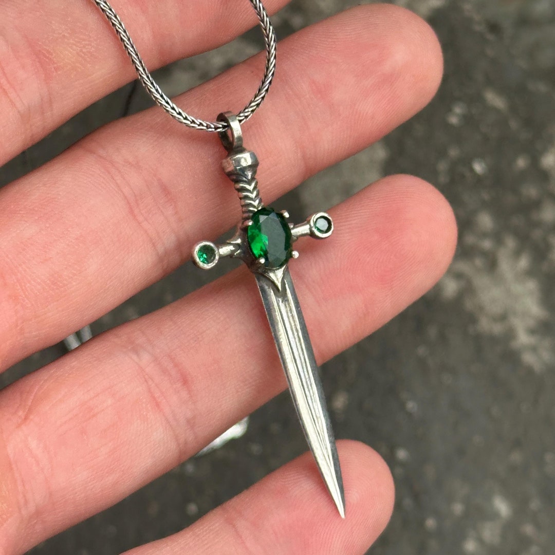 Men Silver Sword Pendant , Emerald Green Stone Sword Necklace , Silver ...