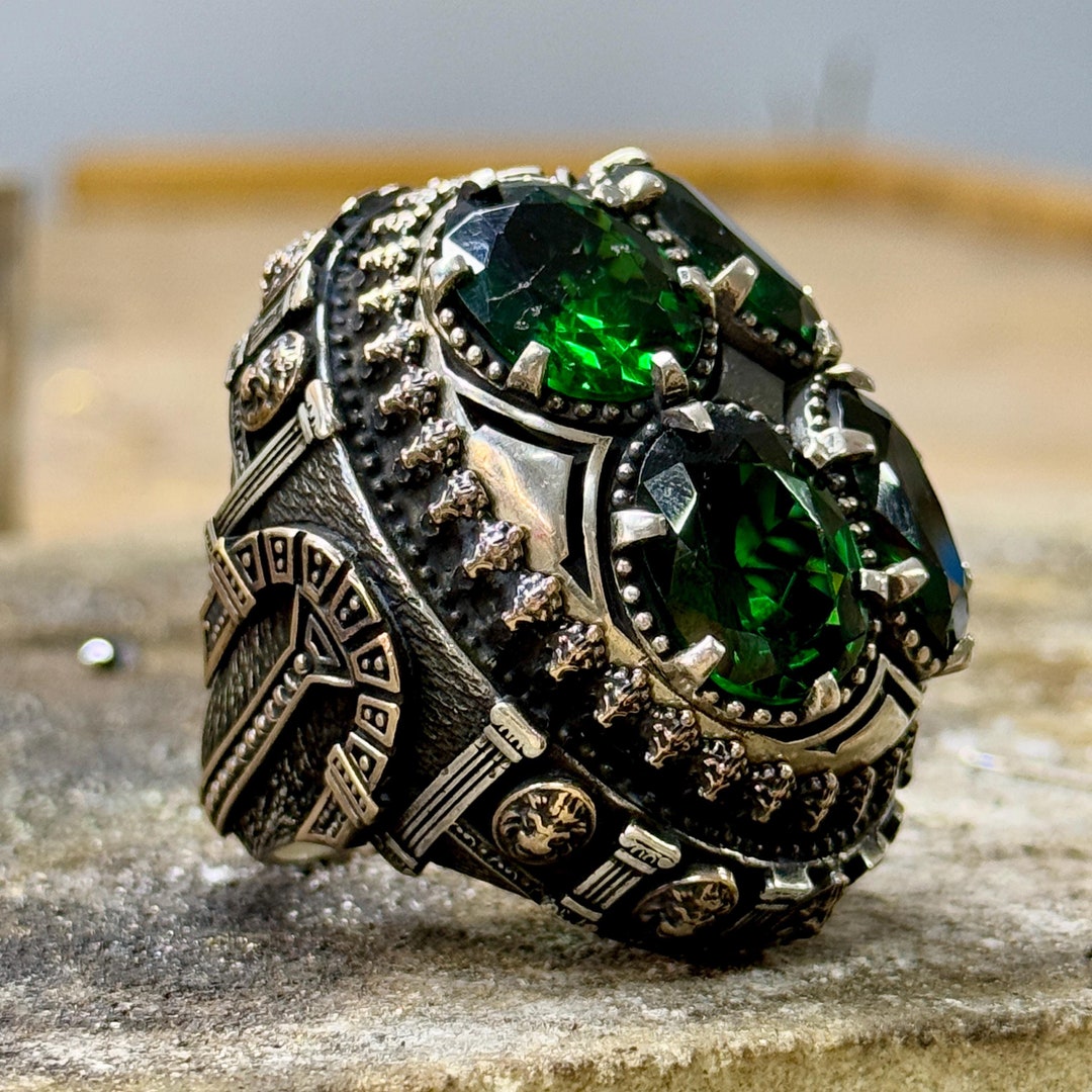 Silver Large Green Stone Ring, Unique Men Emerald Ring, Ottoman Style ...