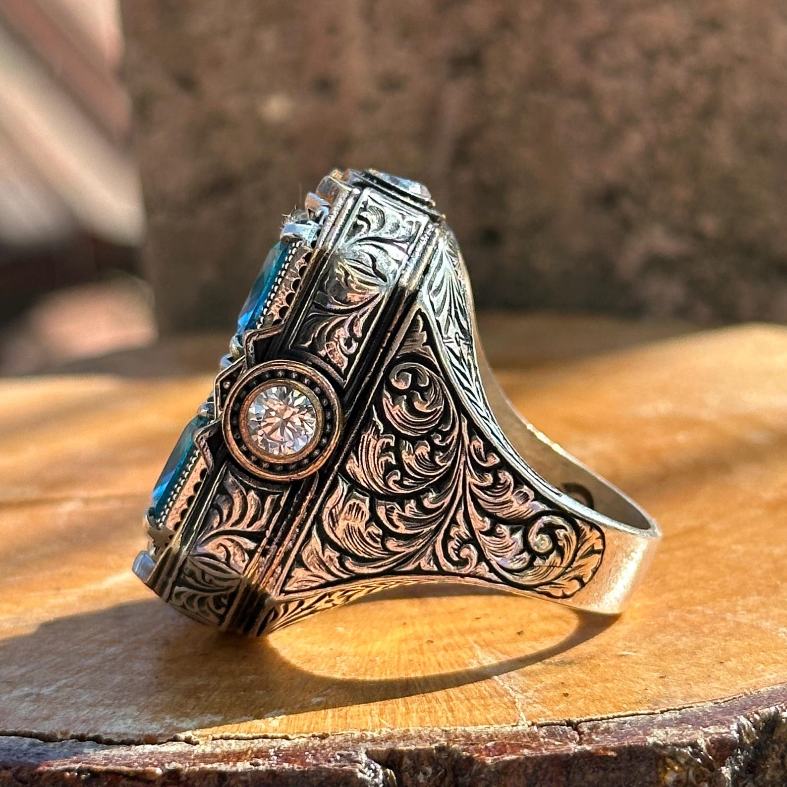 Silver Large Aquamarine Ring , Large Unique Men Ring , Ottoman Style ...