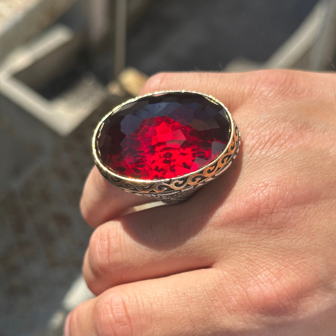 Silver Handmade Large Ruby Ring ,large Big Red Stone Ring , Zircon ...
