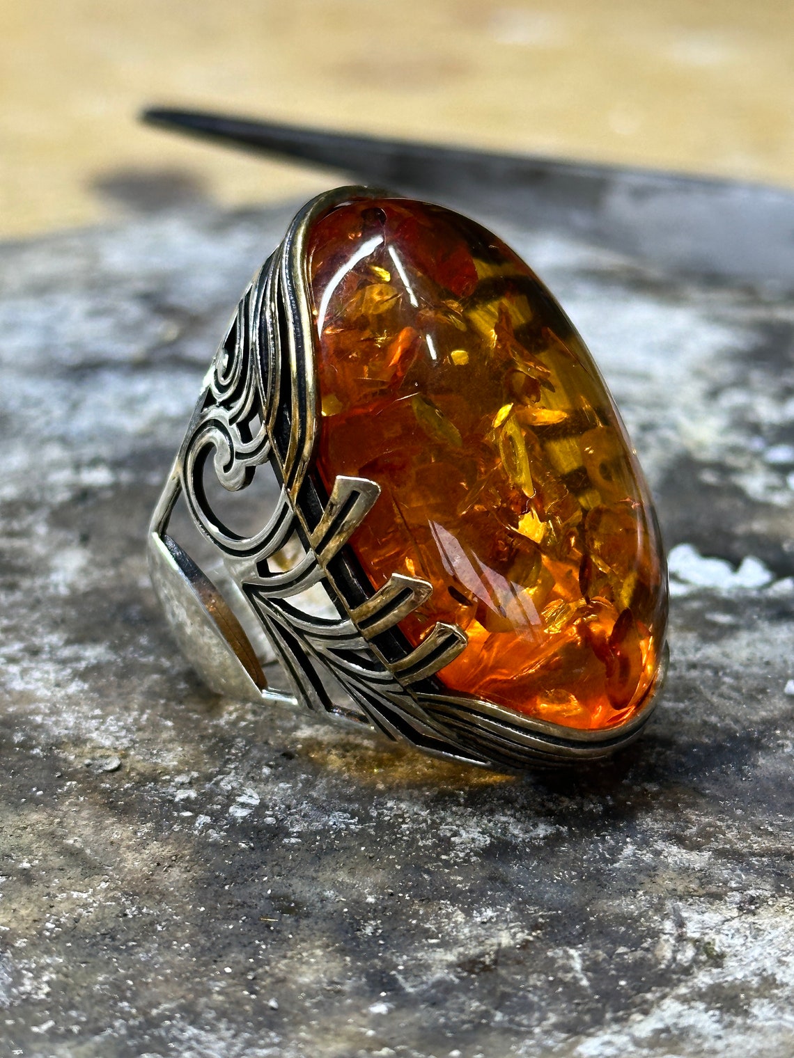 Natural Silver Baltic Amber Ring , Large Amber Stone Ring , Turkish ...