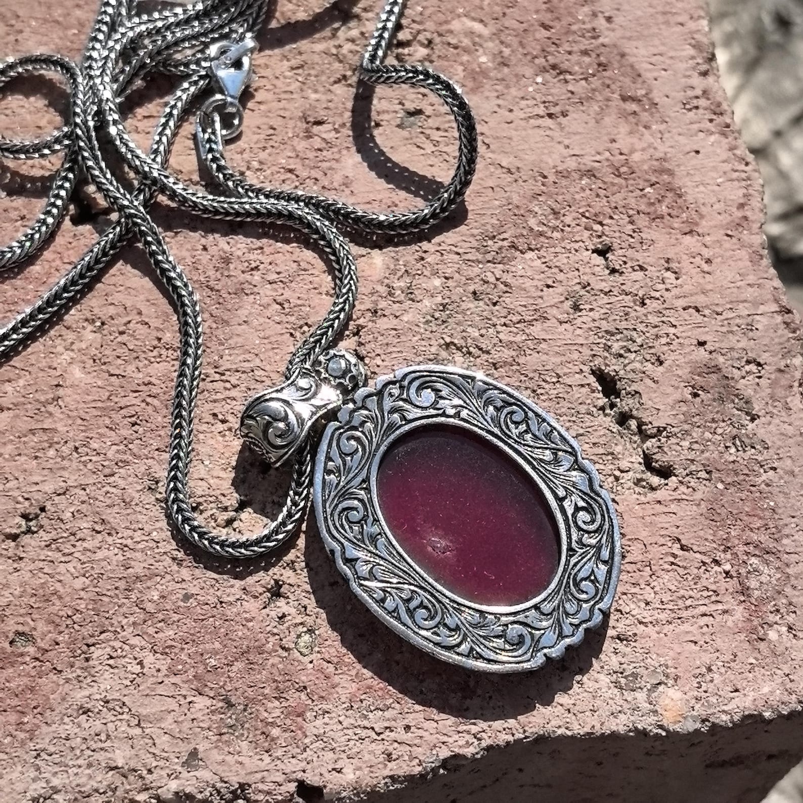 Men Silver Ruby Stone Pendant, Hand Engraved Ruby Stone Necklace, Oval ...