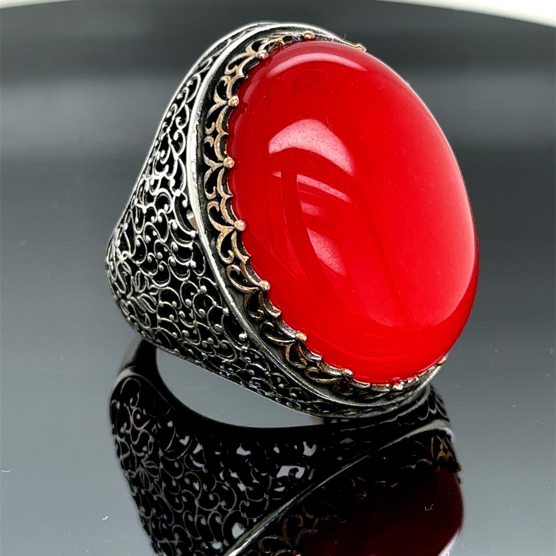 Men Silver Red Jade Stone Ring, Natural Jade Ring, Ottoman Style ...