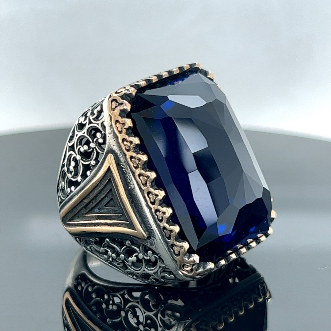 Silver Large Sapphire Stone Ring , Man Silver Large Stone Ring ...