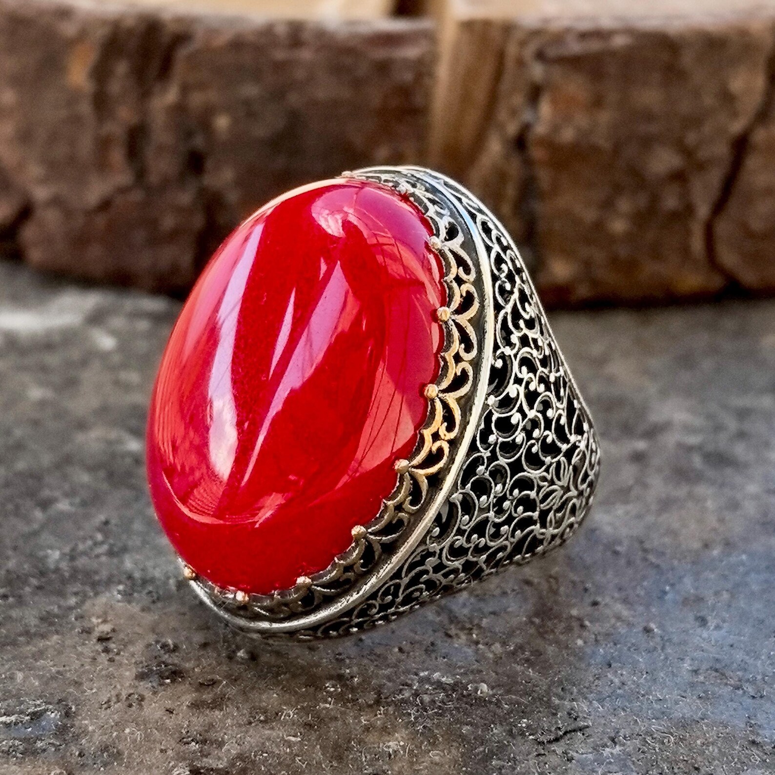 Men Silver Red Jade Stone Ring, Natural Jade Ring, Ottoman Style ...