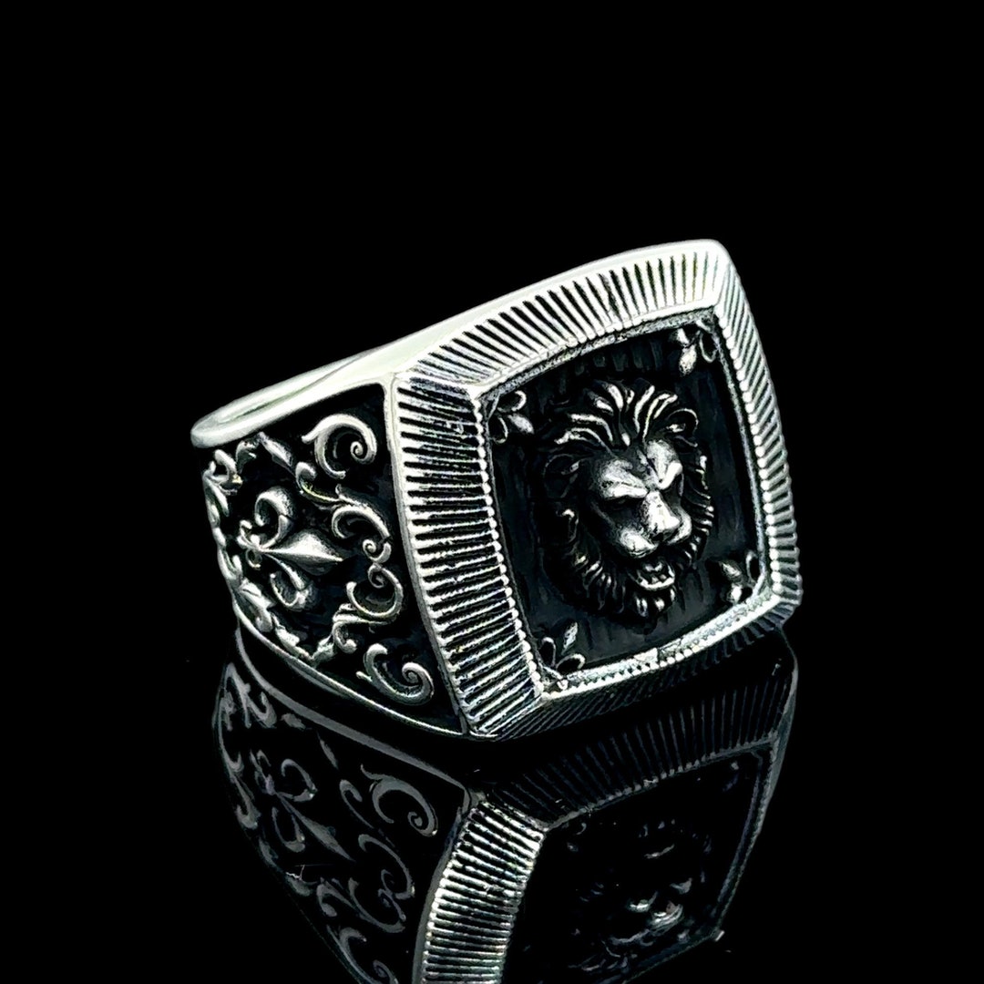 Silver Lion Animal Ring , Leon Head Signet Ring , Animal Signet Ring ...