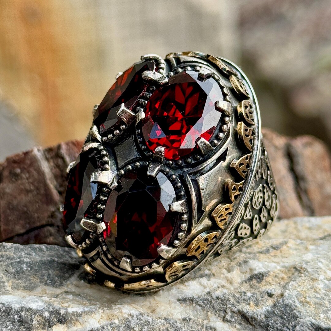 Men Handmade Red Garnet Stone Ring, Silver Large Stone Garnet Ruby Ring ...