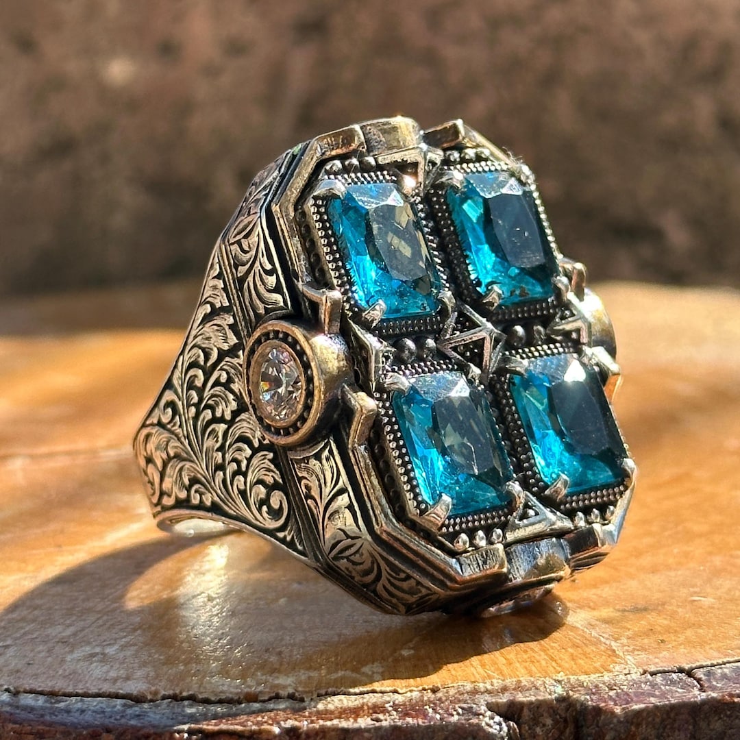 Silver Large Aquamarine Ring , Large Unique Men Ring , Ottoman Style ...