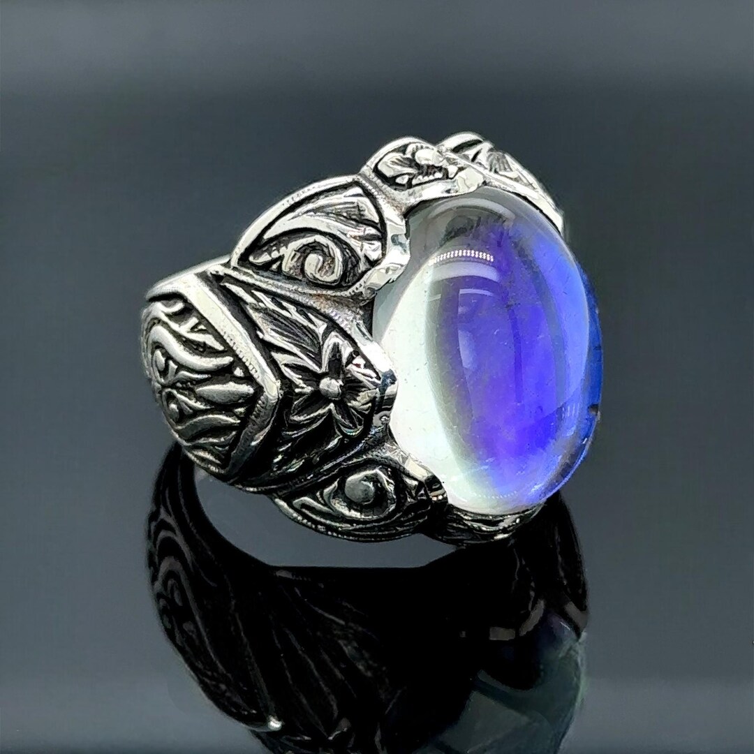 Men Silver Moonstone Ring , Man Handmade Engraved Ring , Rainbow ...