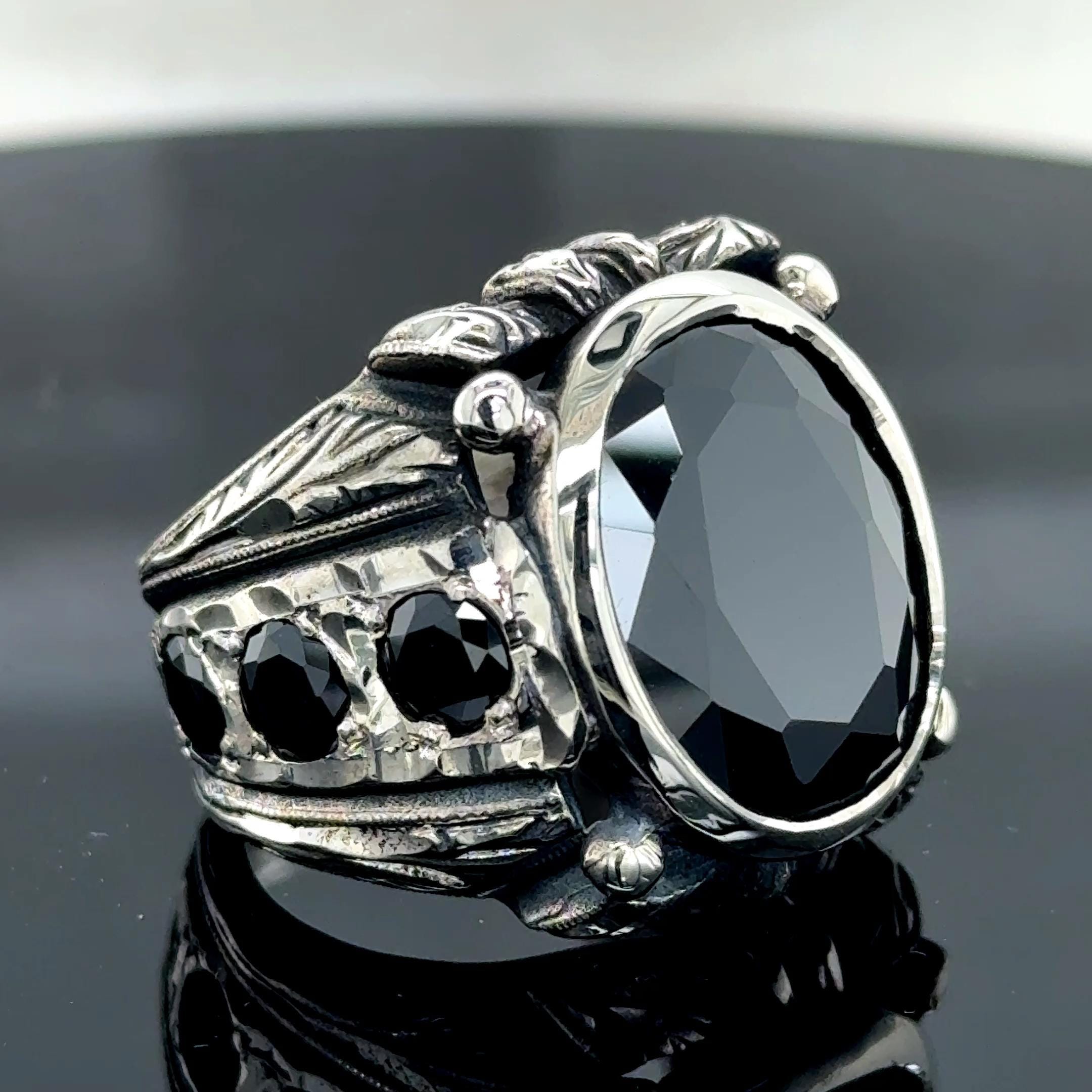 Men Silver Black Onyx Ring, Turkish Engraved Mens Ring, Onyx Signet Men ...