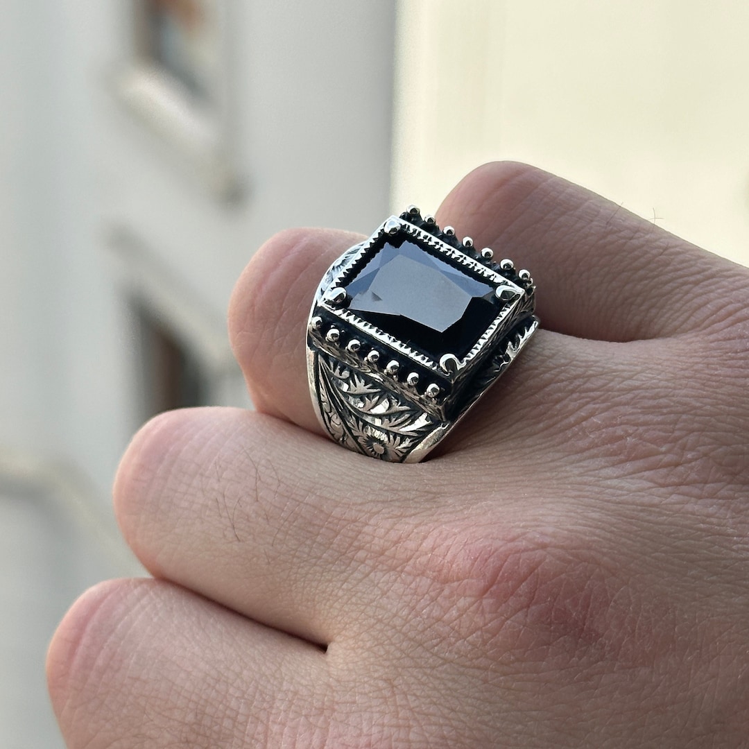 925K Men Silver Black Zircon Ring , Handmade Engraved Men Silver Ring ...