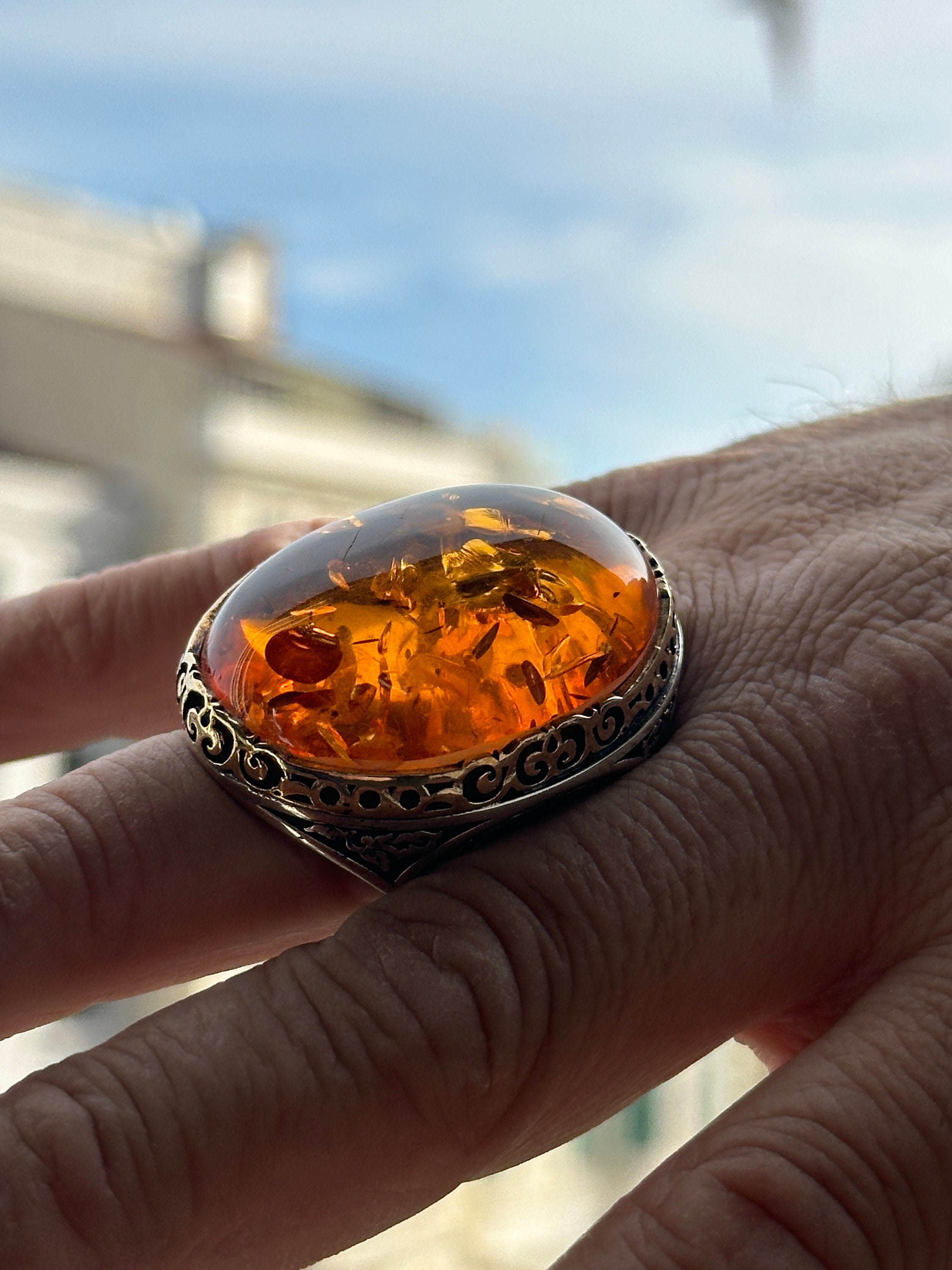Baltic Amber Ring , Man Large Amber Stone Ring , Genuine Amber Ring ...