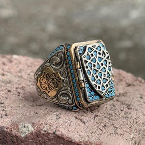 Men Silver Prayer Box Ring, Ayatul Kursi İslamic Ring, Turquoise ...