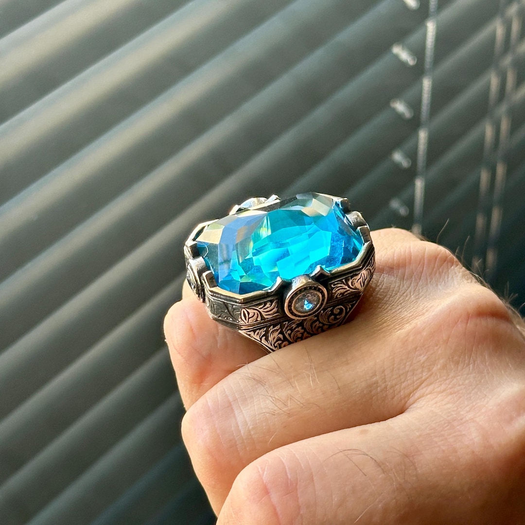 Men Silver Large Aquamarine Ring , Ottoman Style Aquamarine Stone Ring ...