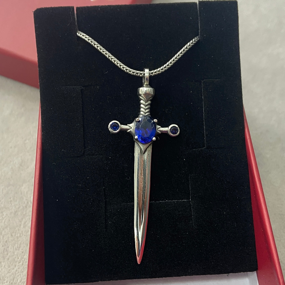 Silver Sword Pendant , Sapphire Stone Sword Necklace , Silver Warrior ...