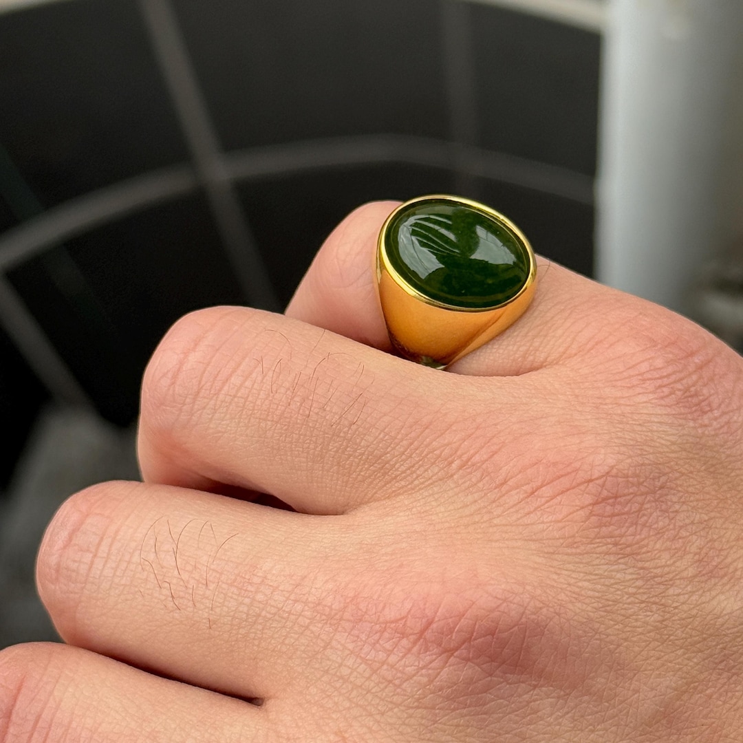 Men Green Jade Stone Ring, Classic Gold Plated Green Jade Ring, Pinky ...