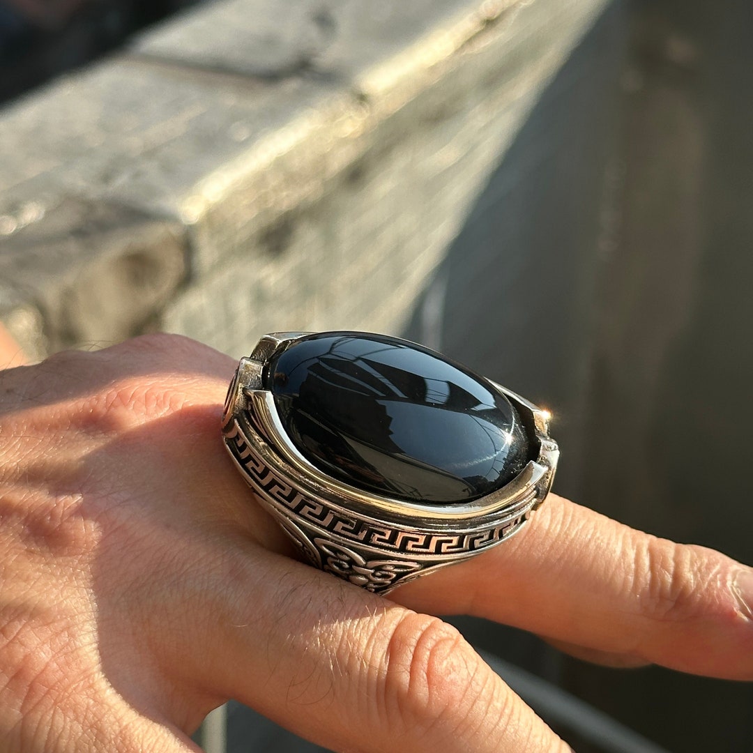 Silver Large Black Onyx Ring , Mens Handmade Big Ring , Men Sterling ...