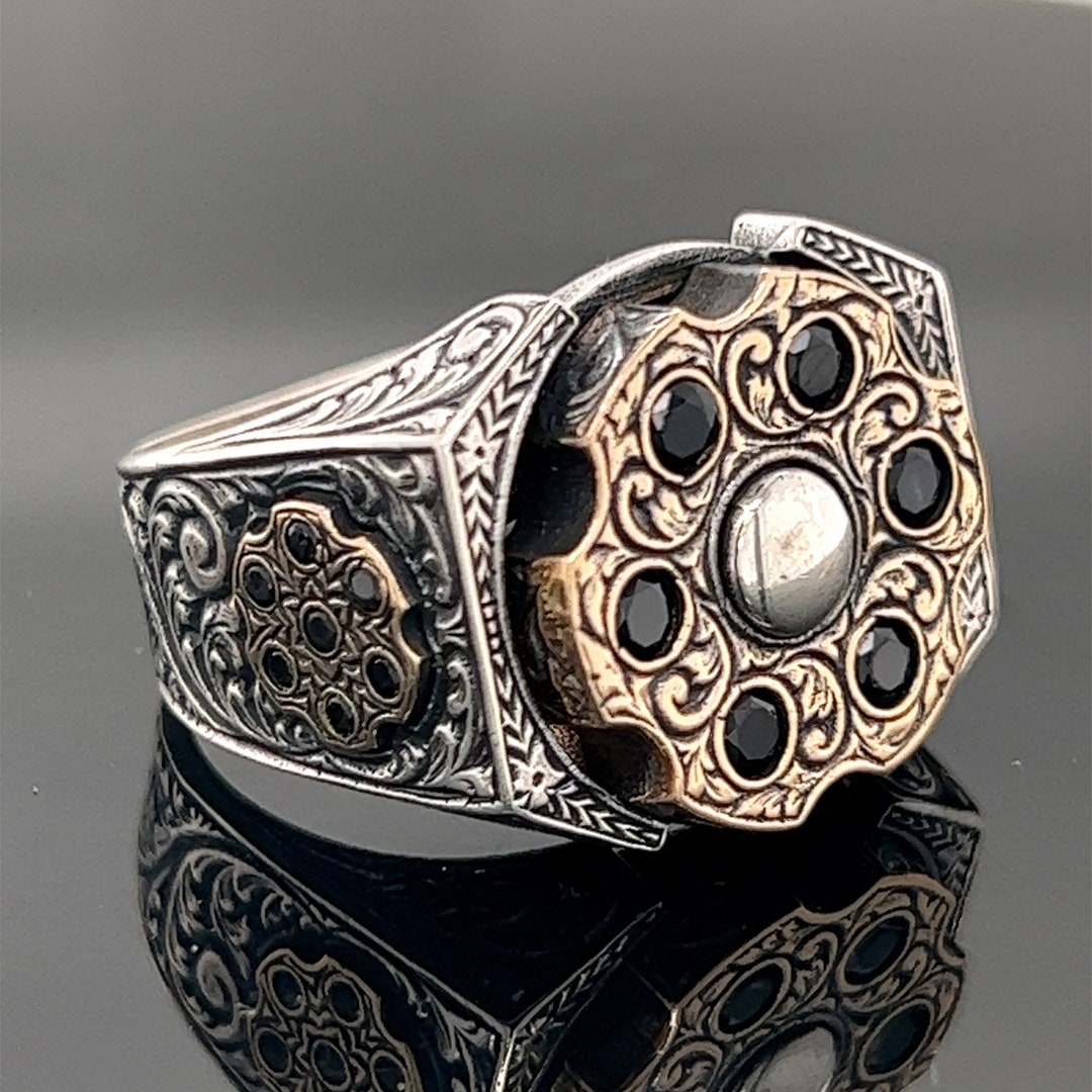 Silver Ottoman Style Ring , Rotating Men's Ring , Micro Black Stone ...