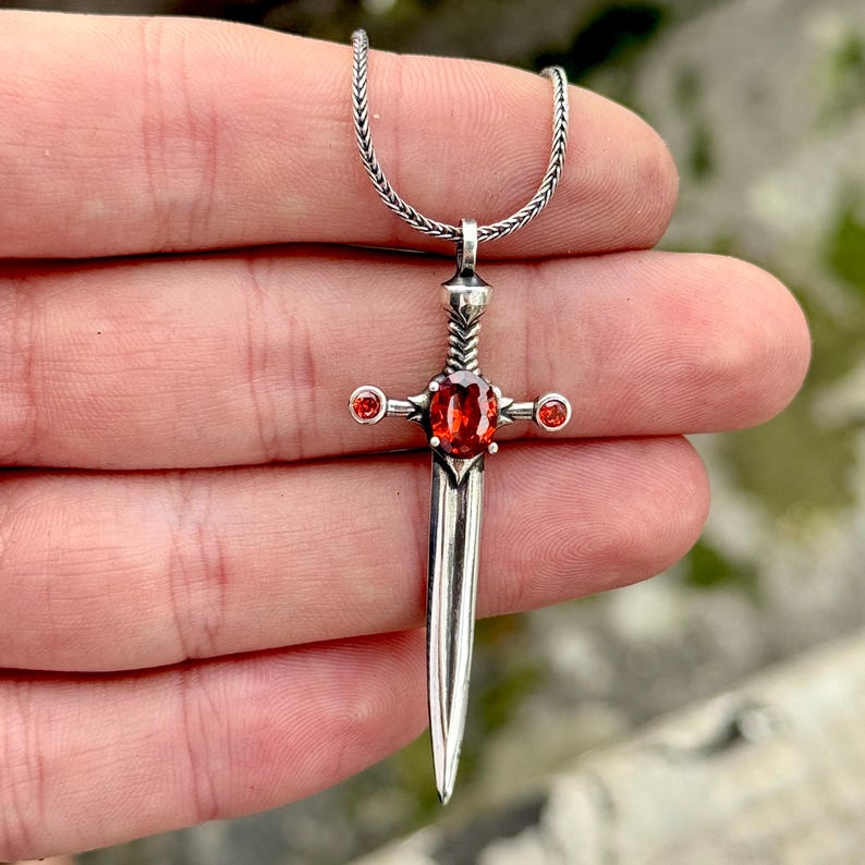 Silver Sword Pendant , Silver Ruby Stone Sword Necklace , 925 Silver ...