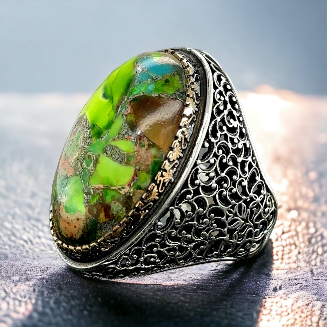 Natural Agate Stone Ring , Moss Agate Ring , Turkish Handmade Large ...