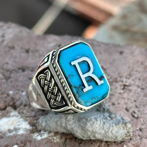 Personalized Turquoise Men Ring , Men's Letter Ring , Custom Initial ...