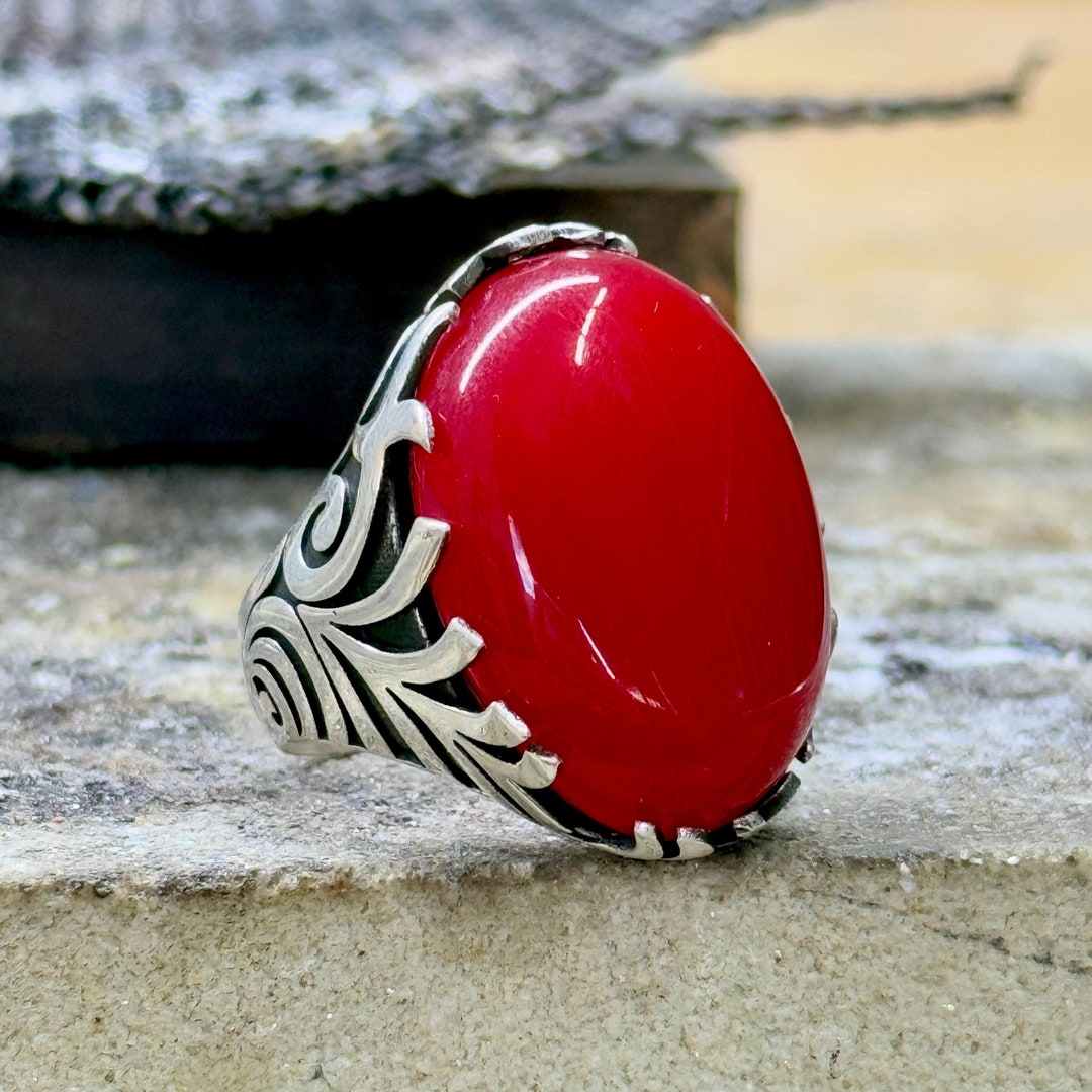 Silver Natural Red Jade Stone Ring, Turkish Large Jade Ring, Men ...