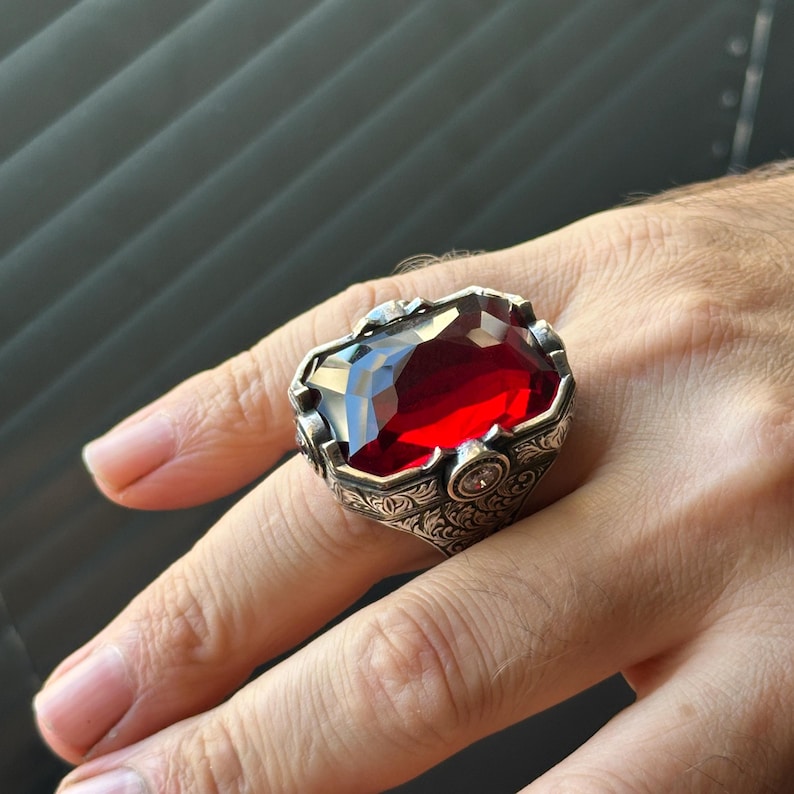 Men Silver Large Ruby Ring , Ottoman Style Big Square Ring , Big Red ...