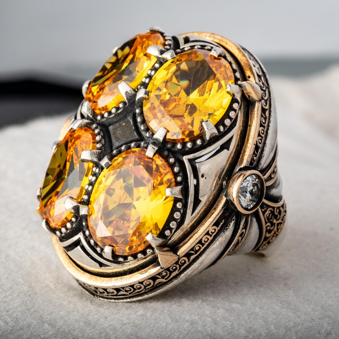 Men Silver Large Citrine Stone Ring , Big Statement Ring, Yellow ...