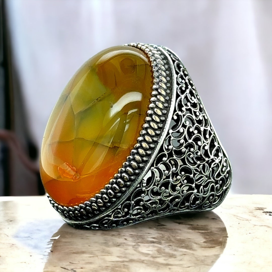 Mens Handmade Ring , Large Yellow Agate Stone Ring , Ntaural Agate ...