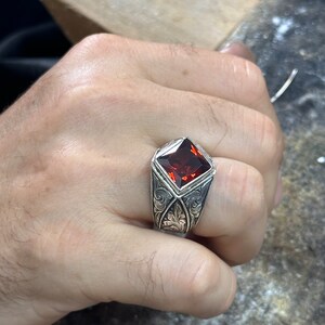 Man Silver Ruby Stone Ring, Engraved Vintage Red Ruby Ring, Men Wedding ...